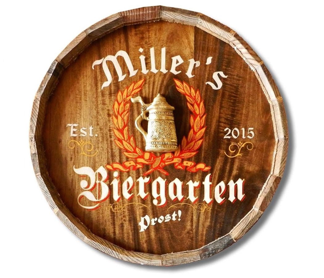 Biergarten Personalized Barrel End Bar Sign – A Simpler Time